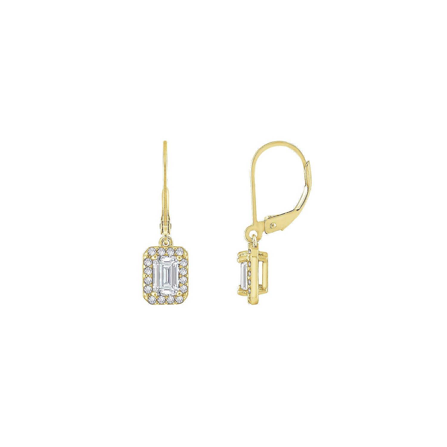 DIAMONBLISS Leverback Drop & Halo Earrings for Women by DIAMONBLISS | 14K Yellow Gold, Platinum Plated 925 Sterling Silver | 1 Carat Emerald Cut Cubic Zirconia CZ Simulated Diamond | Halo Drop Earrings