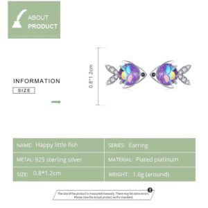 Qings Cute Fish Earrings - Sterling Silver 925 Stud Earrings Cubic Zirconia Purple Dainty Earrings Happy Fish Studs for Women