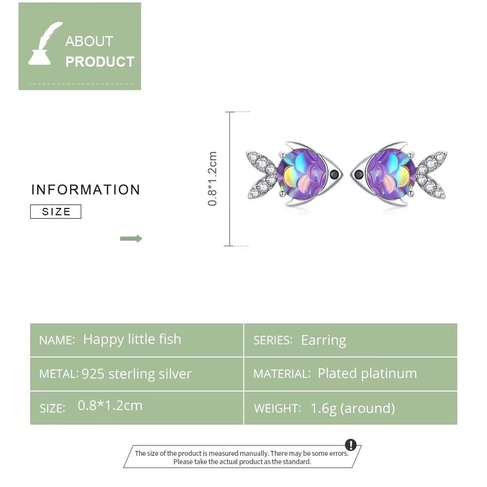 Qings Cute Fish Earrings - Sterling Silver 925 Stud Earrings Cubic Zirconia Purple Dainty Earrings Happy Fish Studs for Women