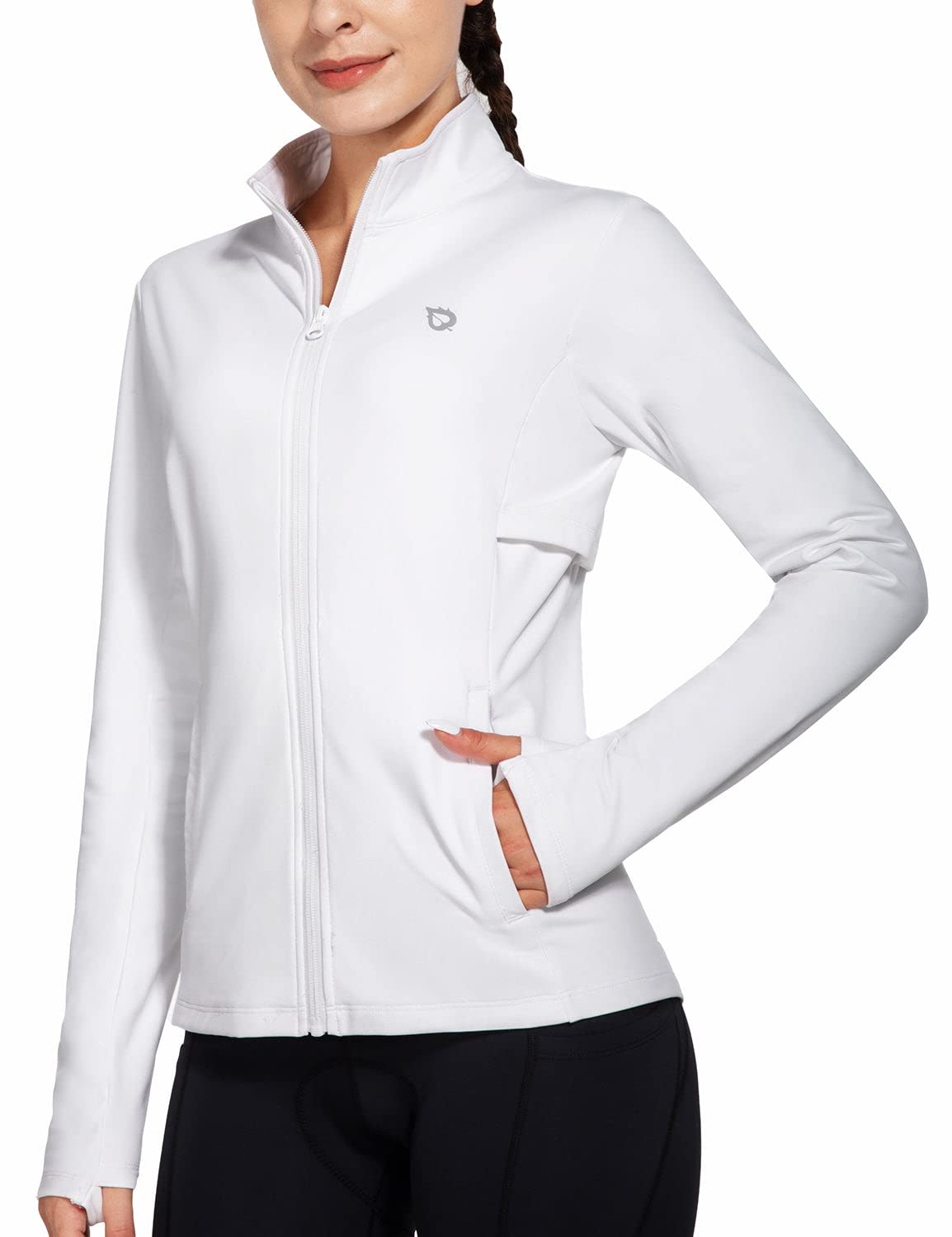 BALEAF Women's Fleece Running Jacket Water Resistant Full Zip Winter Cold Weather Gear Thermal Cycling Workout Jackets White L