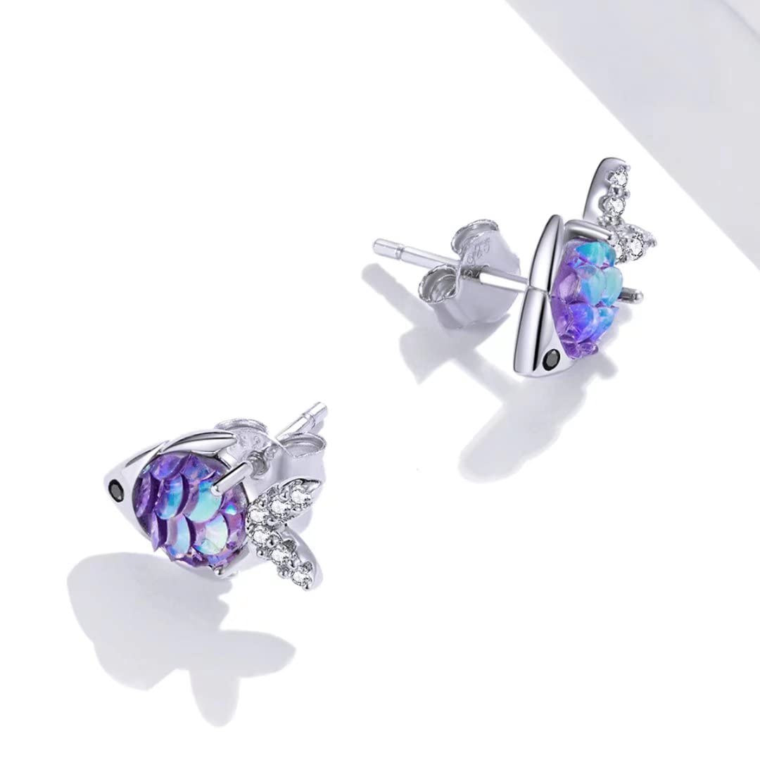 Qings Cute Fish Earrings - Sterling Silver 925 Stud Earrings Cubic Zirconia Purple Dainty Earrings Happy Fish Studs for Women