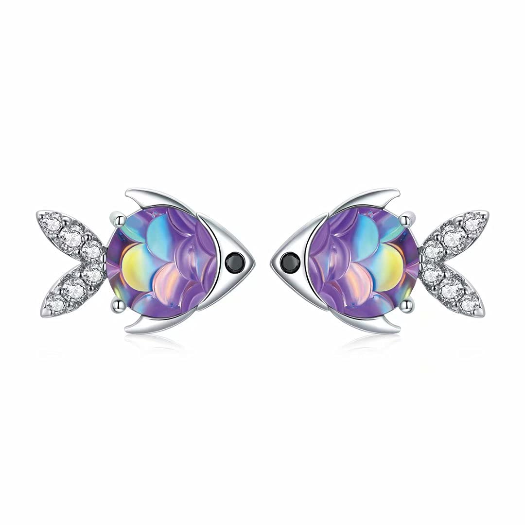 Qings Cute Fish Earrings - Sterling Silver 925 Stud Earrings Cubic Zirconia Purple Dainty Earrings Happy Fish Studs for Women