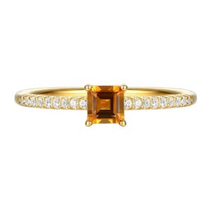 tirafina square citrine and diamond accent ring, 14k yellow gold plated sterling silver band, solitaire ring, dainty rings for women, thin birthstone rings - 0.07 cttw (4mm stone)