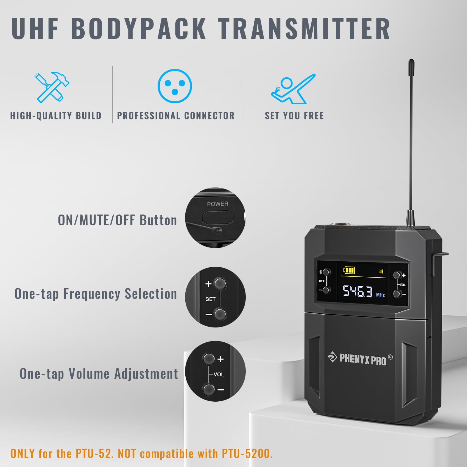 Phenyx Pro PTU-52 Wireless UHF BodyPack Transmitter with 3-Pin XLR Jack & Selectable 30 Frequencies, Compatible with PTU-52 Wireless Microphone System