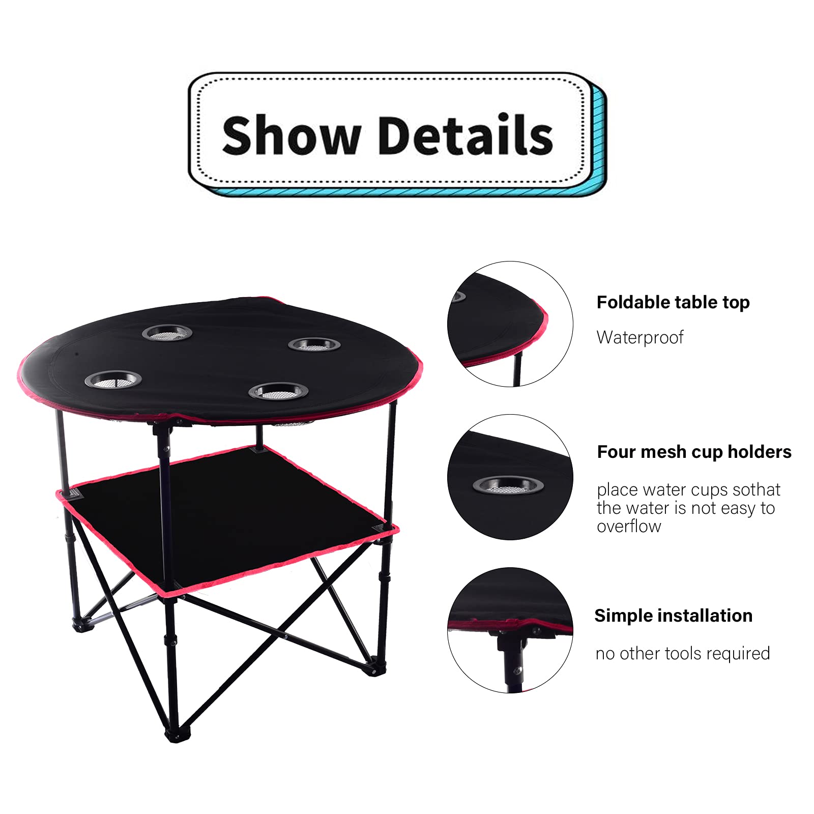 WONGPERG Portable Canvas Table Camping Table, Travel Folding Table with Cup Holder, Portable Canvas Table Picnic Travel Folding Table Camping Table with 4 Mesh Cup Holders Convenient Carry Case