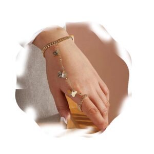 yertter dainty finger ring link with butterfly bracelet bangle simple trendy retro style butterfly pendant chain link bracelet prom birthday party (gold)