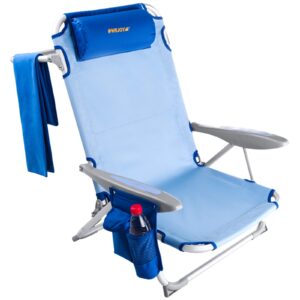 #wejoy 4-position portable reclining beach chair lay flat stable lightweight folding beach chair with removable pillow, side pockets, shoulder strap, supports 265 lbs