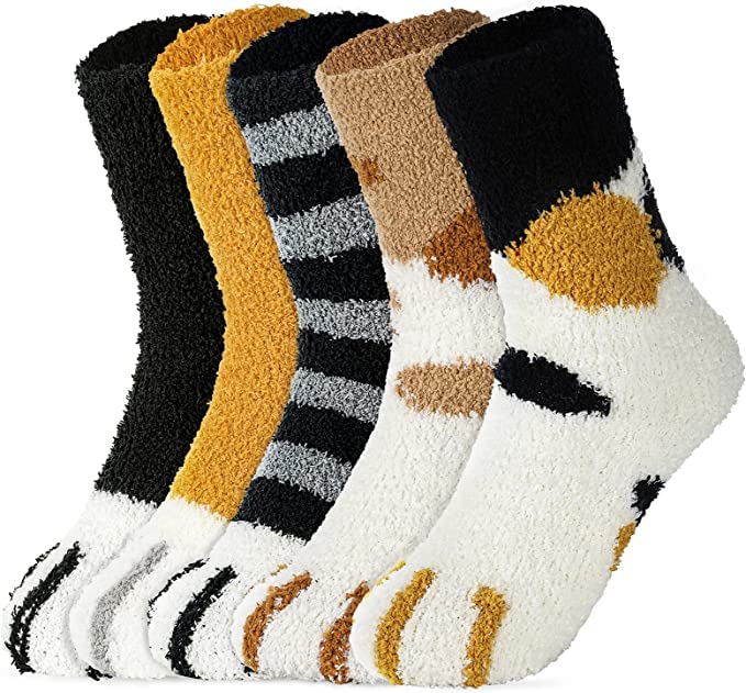 5 Pairs Fuzzy Socks for Women - Warm Cat Socks Fluffy Socks Winter Plush Slipper Socks Cat Socks Women