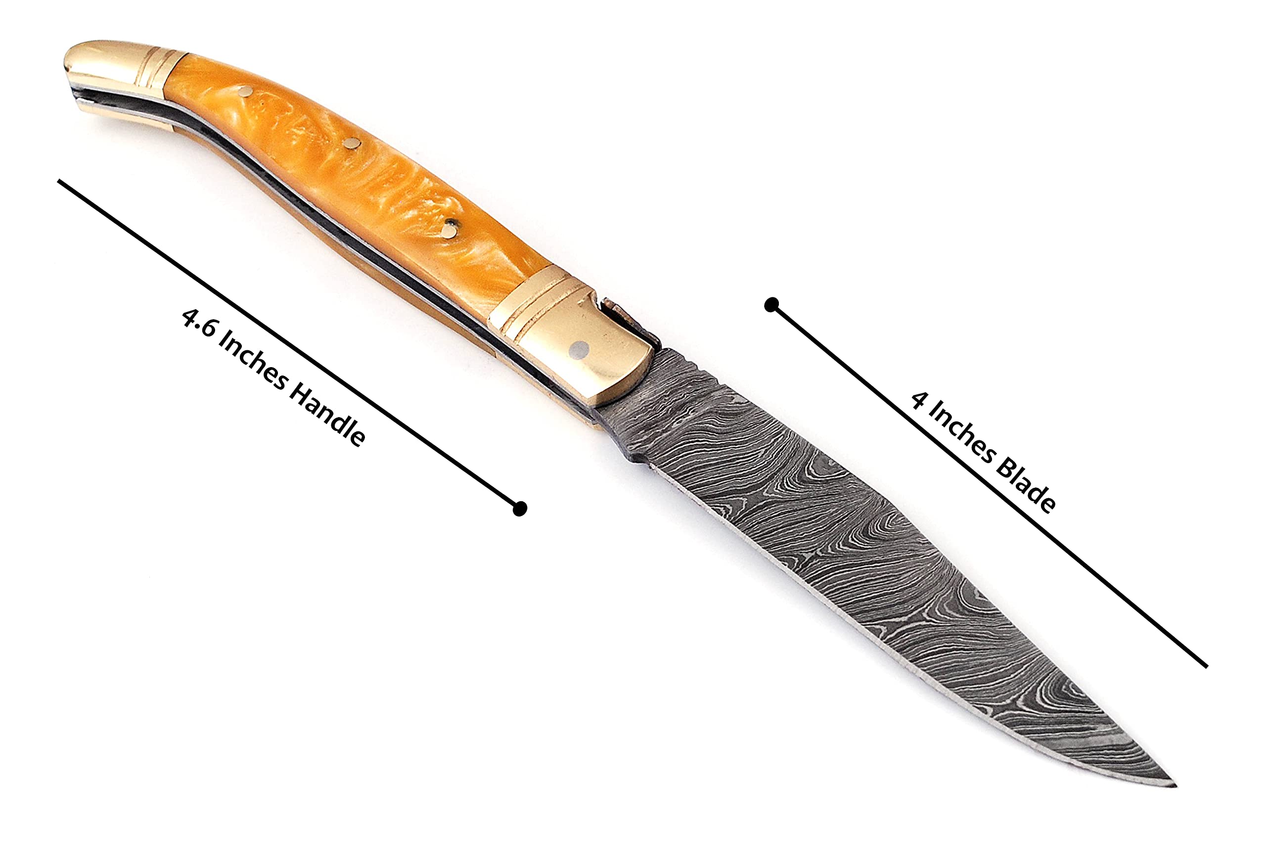 Laguiole Folding Damascus steel knife, 8.5" Long with 4" hand forged custom twist pattern Blade. Beige color unshrinkable Raisen scale with brass bolster, Cow hide leather sheath included