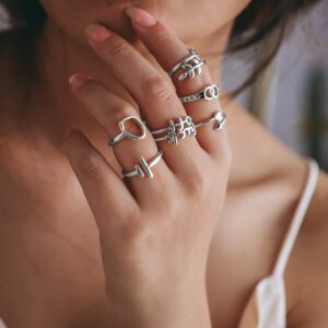 ABDOT 12PCS Adjustable Stackable Thumb Open Rings Set for Women Silver Plated Knuckle Stacking Rings Set Boho Vintage Finger Rings S