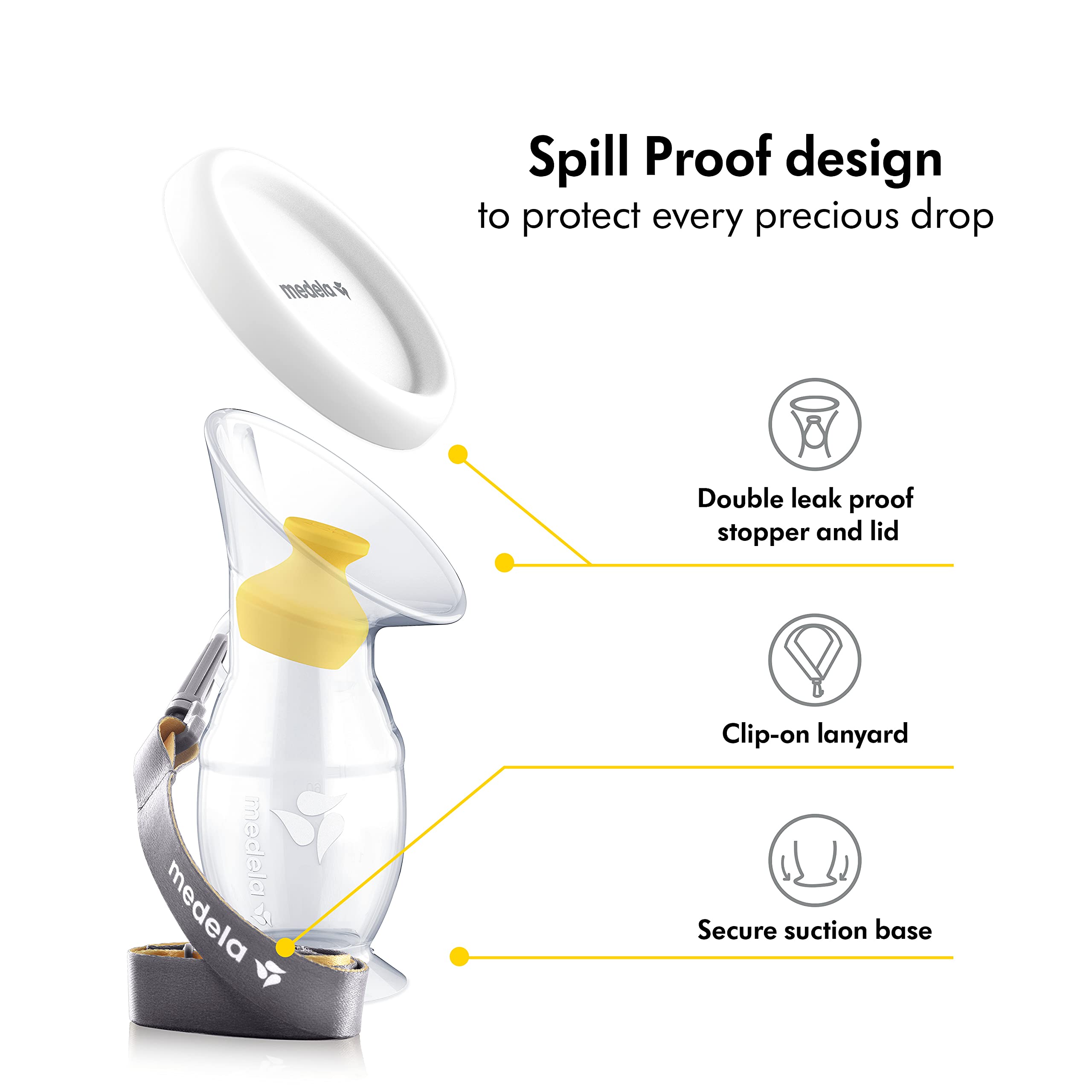 Medela Silicone Breast Milk Collector, Milk Saver with Spill-Resistant Stopper, Suction Base and Lanyard, 3.4 oz/100 mL