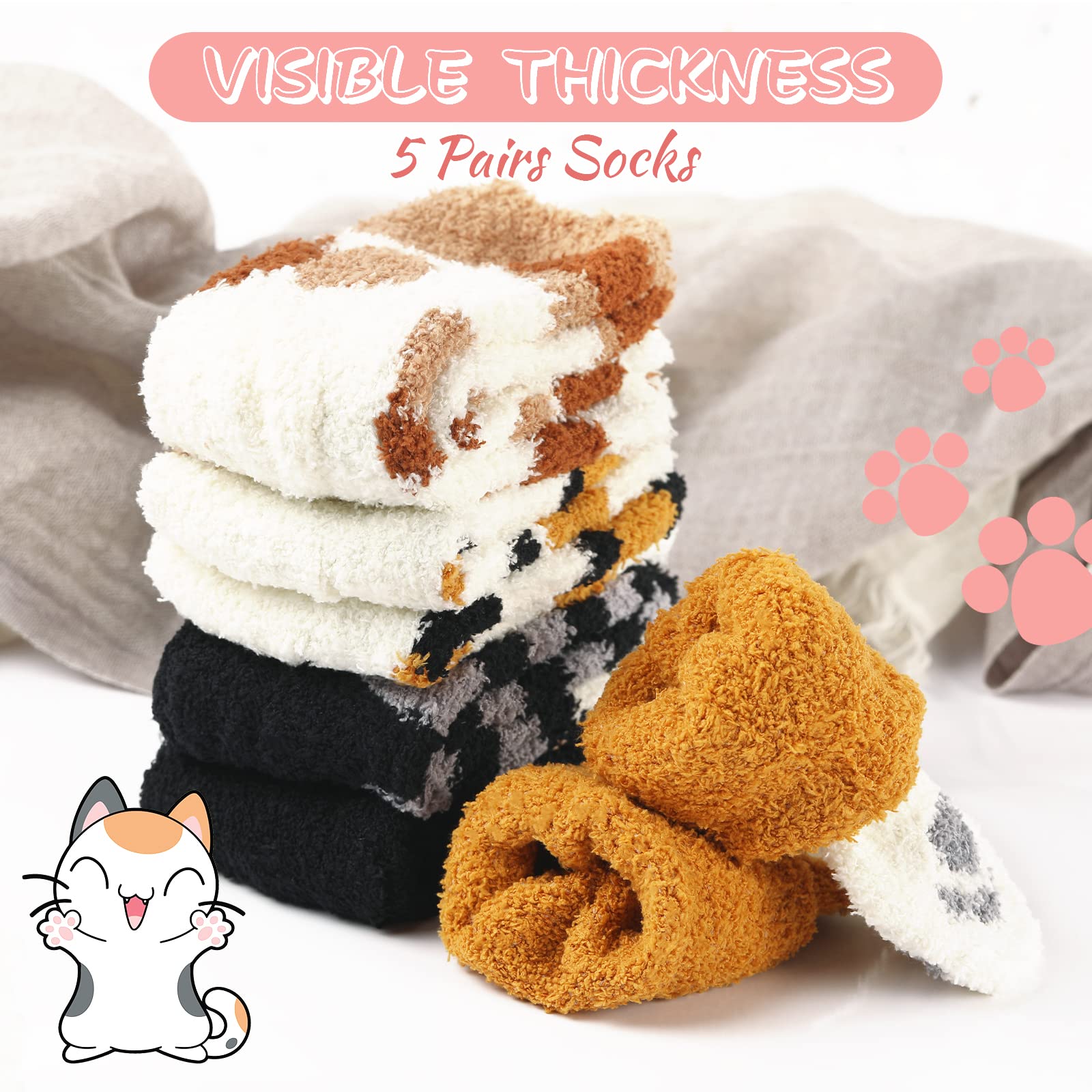 5 Pairs Fuzzy Socks for Women - Warm Cat Socks Fluffy Socks Winter Plush Slipper Socks Cat Socks Women