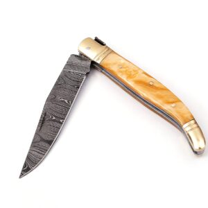 Laguiole Folding Damascus steel knife, 8.5" Long with 4" hand forged custom twist pattern Blade. Beige color unshrinkable Raisen scale with brass bolster, Cow hide leather sheath included