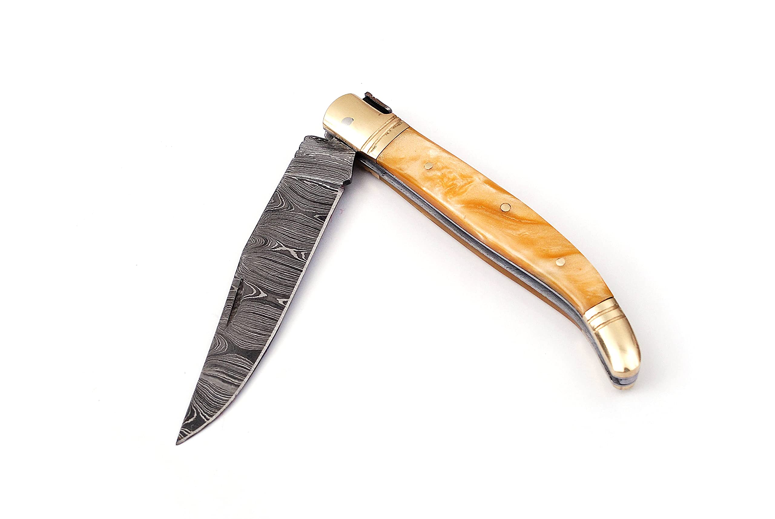 Laguiole Folding Damascus steel knife, 8.5" Long with 4" hand forged custom twist pattern Blade. Beige color unshrinkable Raisen scale with brass bolster, Cow hide leather sheath included