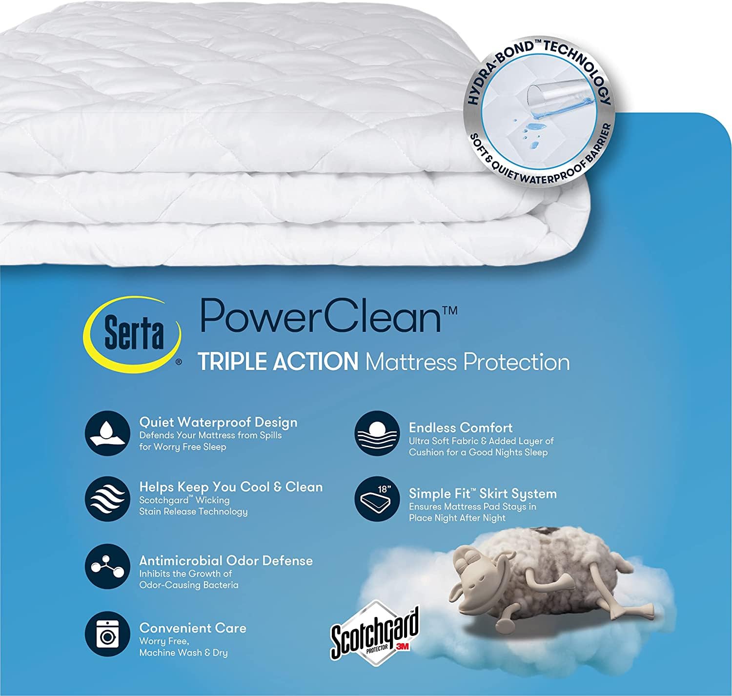 SERTA Power Clean Triple Action Quilted Soft Waterproof Mattress Pad Protector, Moisture Wicking Protection with 15" Deep Pocket, King, White