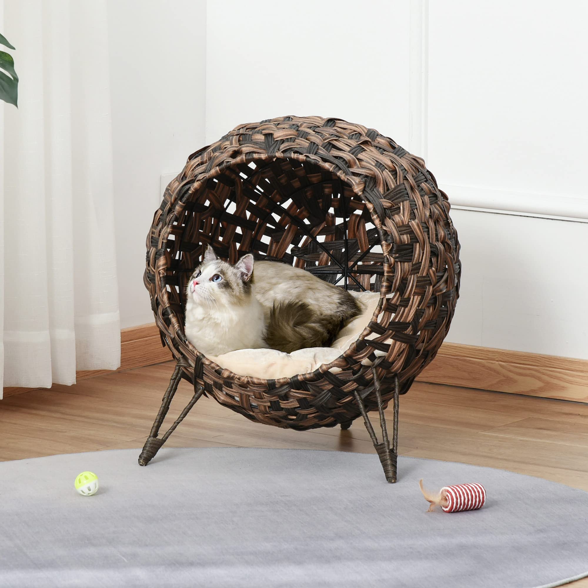 PawHut 20.6" Weaved Cat Bed, Elevated Hand-Woven Braided Banana Leaf Kitten House Condo with Cushion, Brown