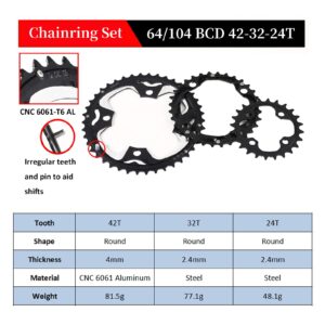 BUCKLOS Double/Triple 64/104 BCD Square Taper Bike Crankset - 2x/3x Mountian Bike MTB 170mm Bicycle Cranksets with 22/24/26/32/38/42/44T Chainring for 8/9/10 Speed