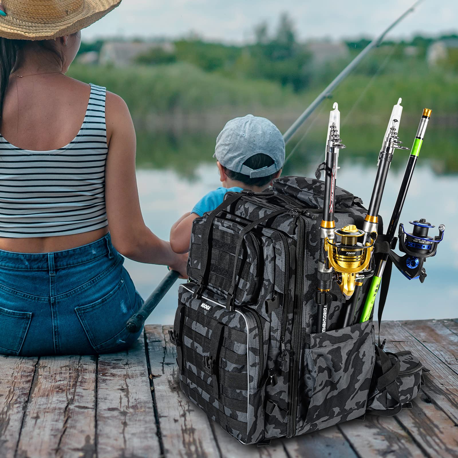 IGOGI Fishing Tackle Backpack 3 Fishing Rod Holders with 2 Lure Covers Without Trays Large Tackle Bag Storage Can Holds Up To (12) 3700 Tackle Boxes (Camo Black Pack + 2 Lure Covers)