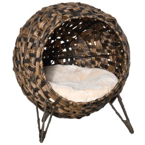 pawhut 20.6" weaved cat bed, elevated hand-woven braided banana leaf kitten house condo with cushion, brown