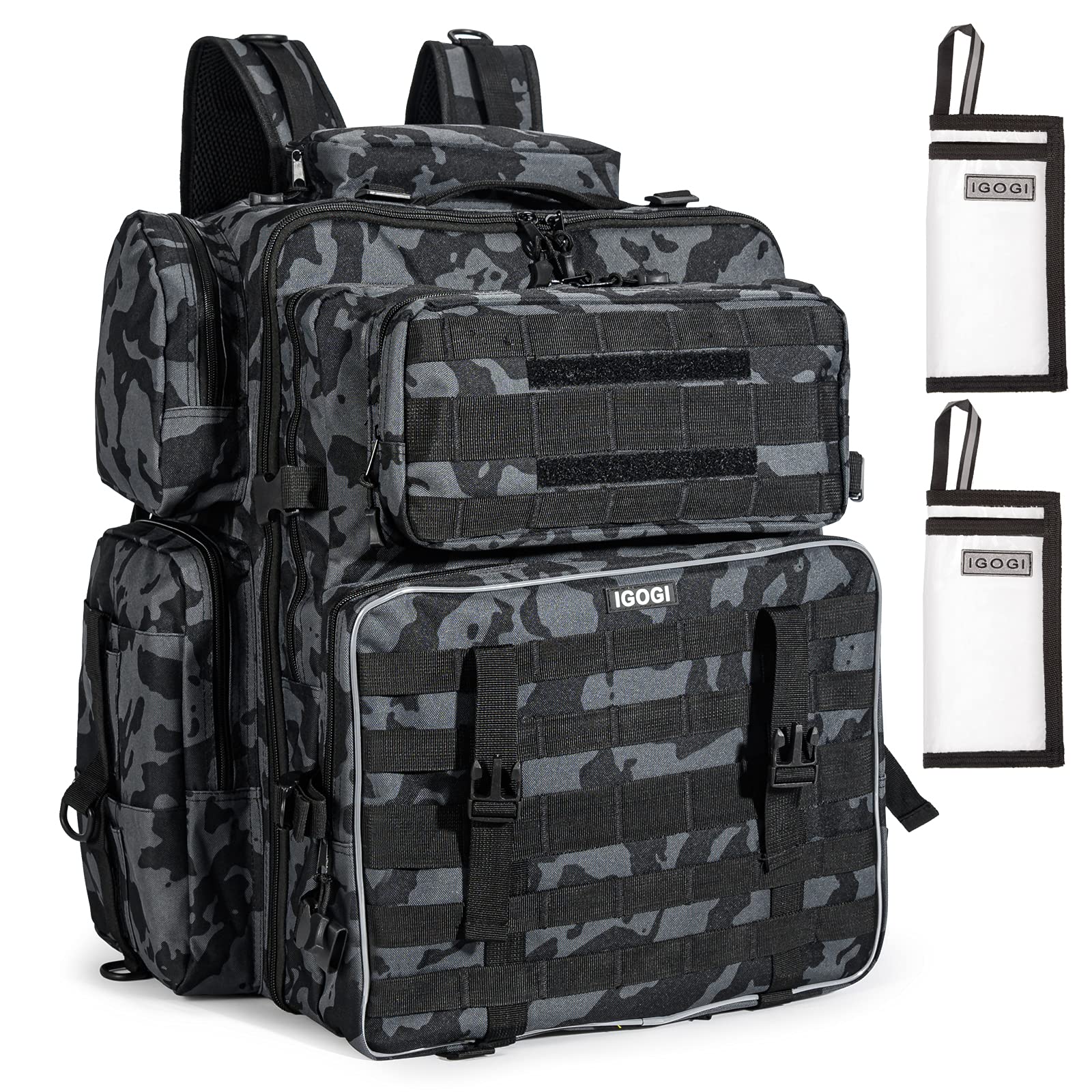 IGOGI Fishing Tackle Backpack 3 Fishing Rod Holders with 2 Lure Covers Without Trays Large Tackle Bag Storage Can Holds Up To (12) 3700 Tackle Boxes (Camo Black Pack + 2 Lure Covers)