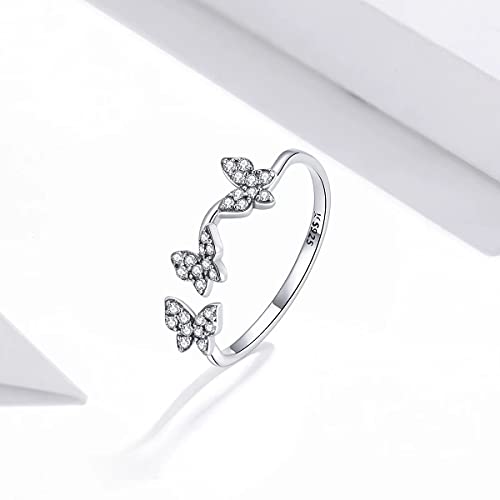 Qings 925 Sterling Silver Butterfly Ring with Shiny Cubic Zirconias, Animal Adjustable Open Ring Birthday Anniversary Jewelry for Women, Adjustable Size 6 to 8