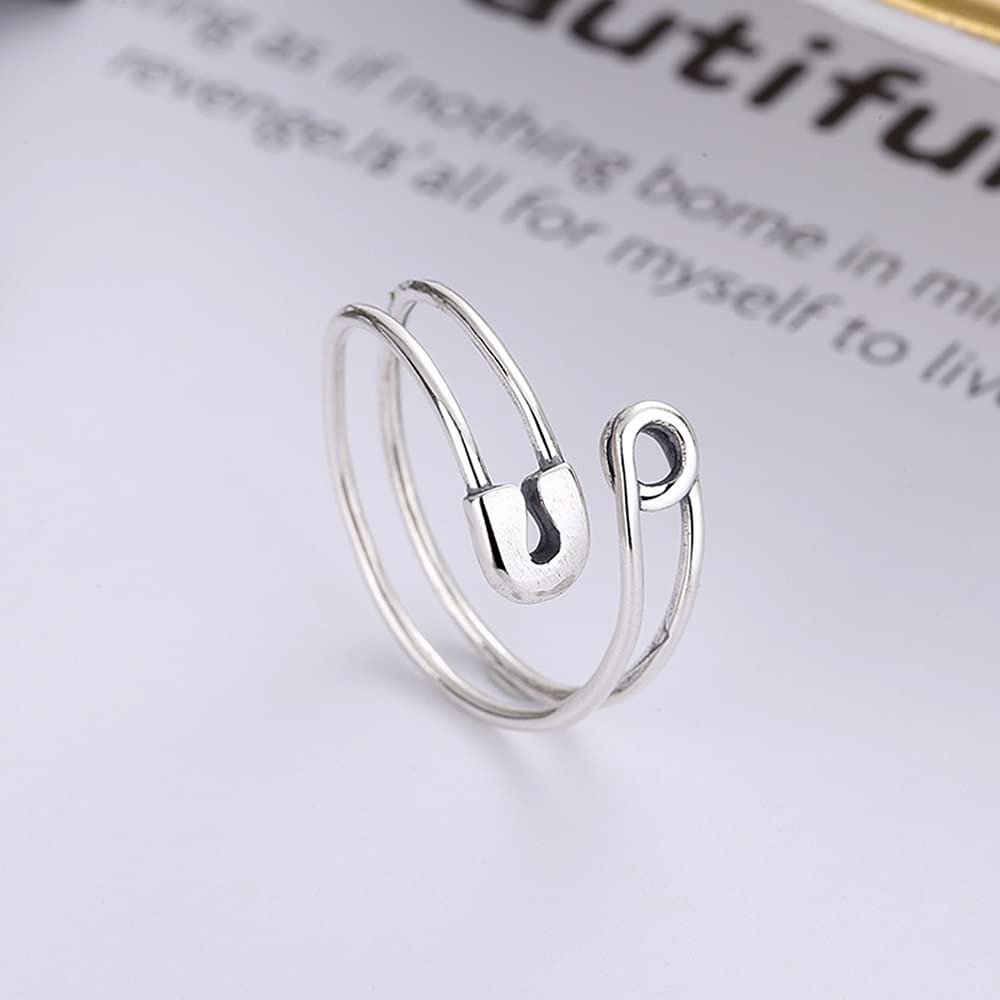 Izpack Double Layered Paperclip Safety Pin Stacking Rings Sterling Silver 925 Adjustable Wrap Finger Band Toe Ring Statement Promise Ring Fashion Jewelry Gifts for Women BFF