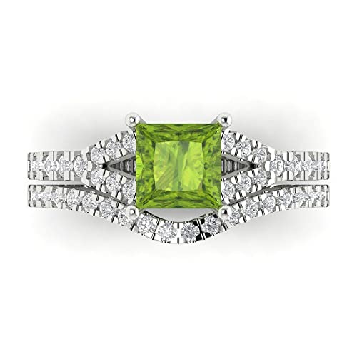 Clara Pucci 2.01ct Princess Cut Laser Engraving Green Peridot Engagement Wedding Bridal Ring Band set Curved 18K White Gold Size 4.75