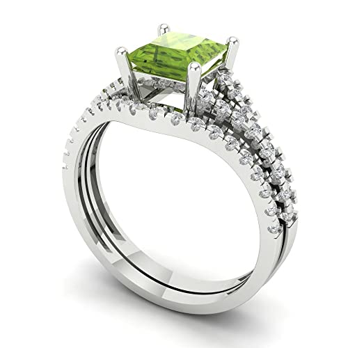 Clara Pucci 2.01ct Princess Cut Laser Engraving Green Peridot Engagement Wedding Bridal Ring Band set Curved 18K White Gold Size 4.75