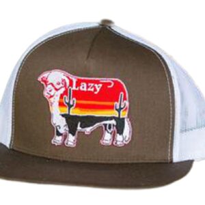 Lazy J Mens Baseball Cap Ranch Wear Brown & White 4" Sunrise Cactus Bull Cap