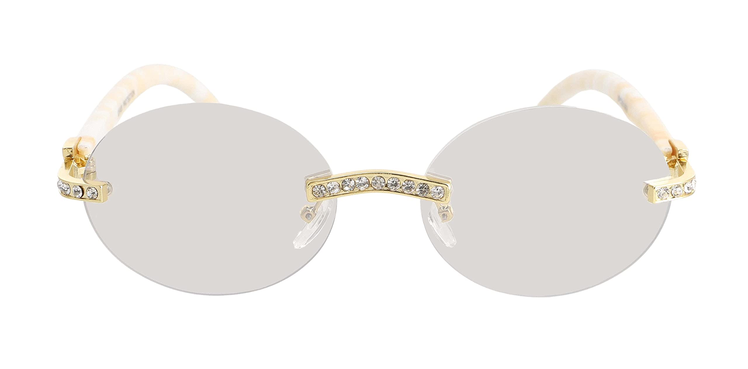 FLAWLESS EYEWEAR Retro Wood Buffs Vintage Style Gangster Rimless Clear Lens Oval Eye Glasses (Diamond Gold Cream, 55)