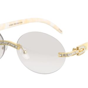 FLAWLESS EYEWEAR Retro Wood Buffs Vintage Style Gangster Rimless Clear Lens Oval Eye Glasses (Diamond Gold Cream, 55)