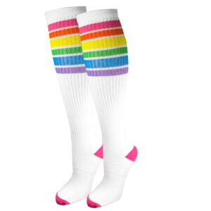 judanzy premium striped adult knee high tall athletic skater tube socks (small, white with bright rainbow stripes)