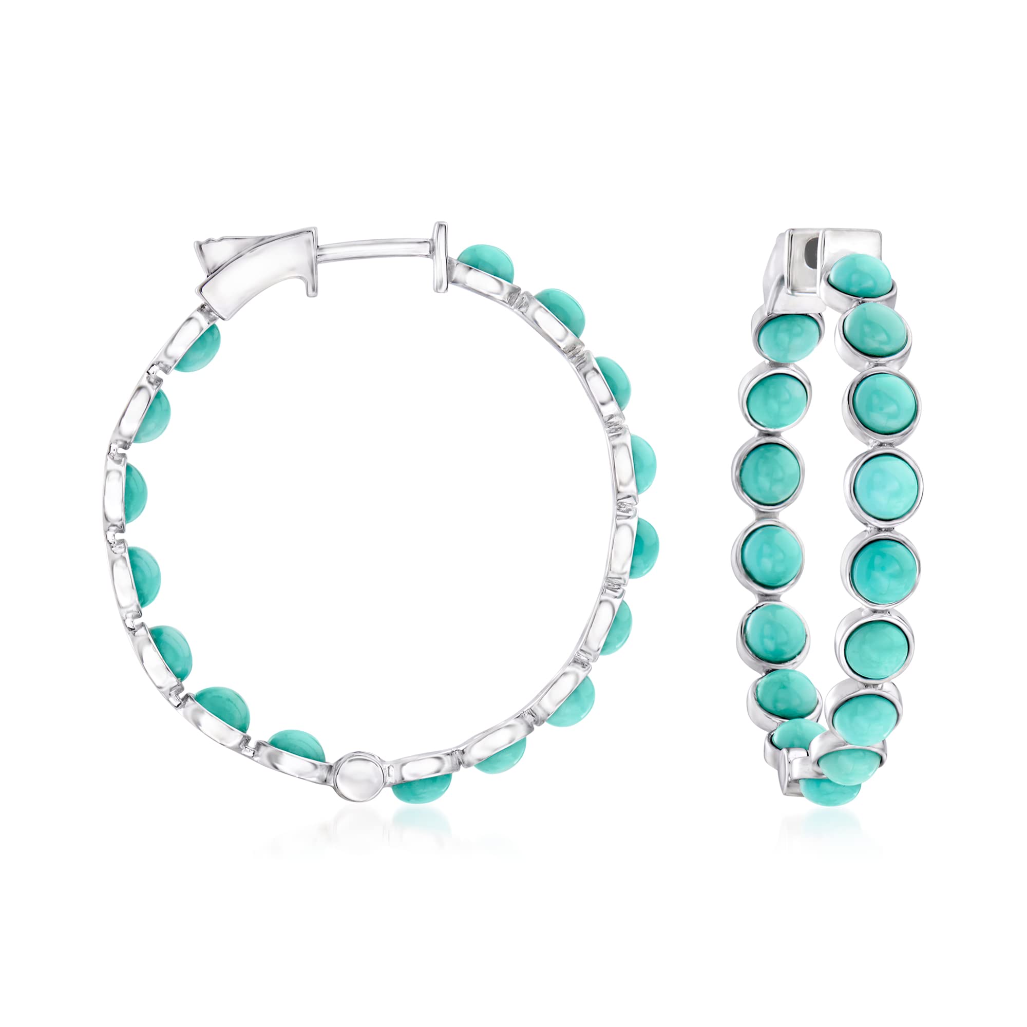 Ross-Simons Stabilized Turquoise Inside-Outside Hoop Earrings in Sterling Silver