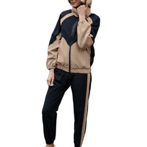 SweatyRocks Women's 2 Piece Outfits Long Sleeve Full Zip Jacket and Pants Tracksuit Set Khaki Black XL