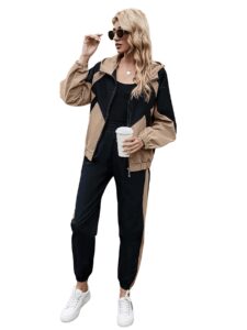 sweatyrocks women's 2 piece outfits long sleeve full zip jacket and pants tracksuit set khaki black xl