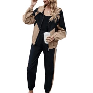 SweatyRocks Women's 2 Piece Outfits Long Sleeve Full Zip Jacket and Pants Tracksuit Set Khaki Black XL