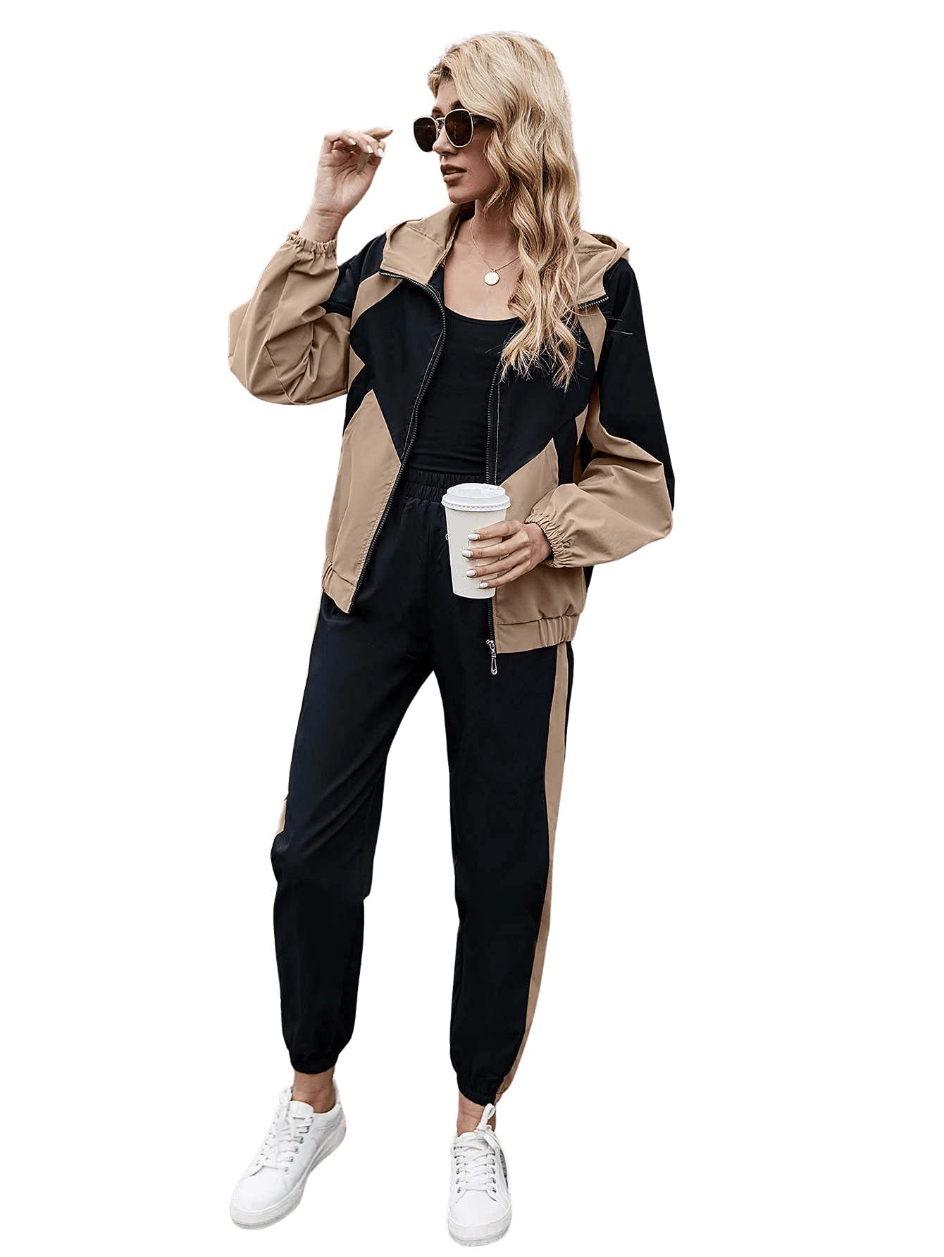 SweatyRocks Women's 2 Piece Outfits Long Sleeve Full Zip Jacket and Pants Tracksuit Set Khaki Black XL