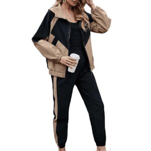 SweatyRocks Women's 2 Piece Outfits Long Sleeve Full Zip Jacket and Pants Tracksuit Set Khaki Black XL