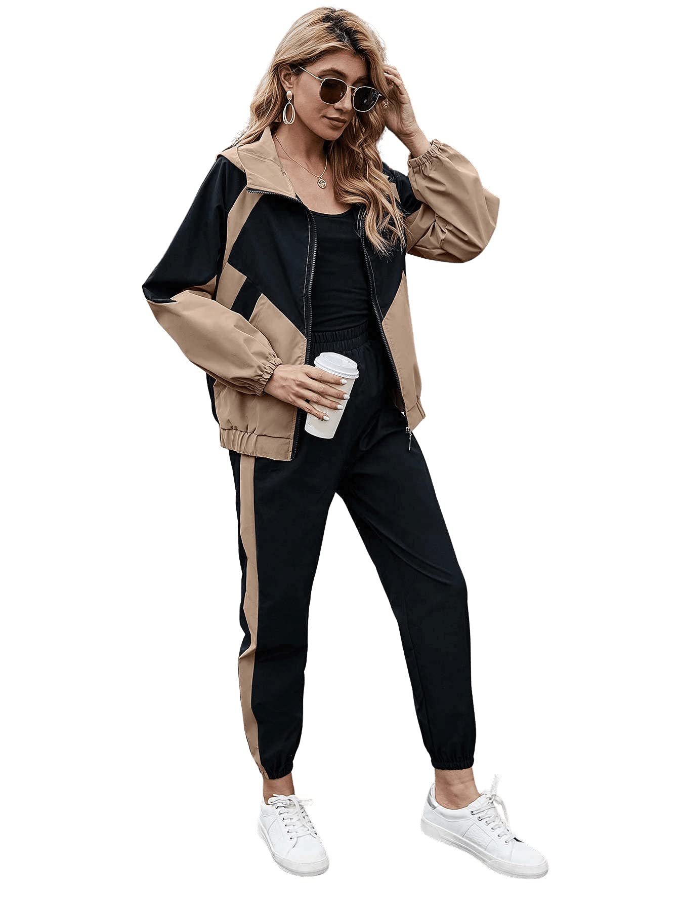 SweatyRocks Women's 2 Piece Outfits Long Sleeve Full Zip Jacket and Pants Tracksuit Set Khaki Black XL