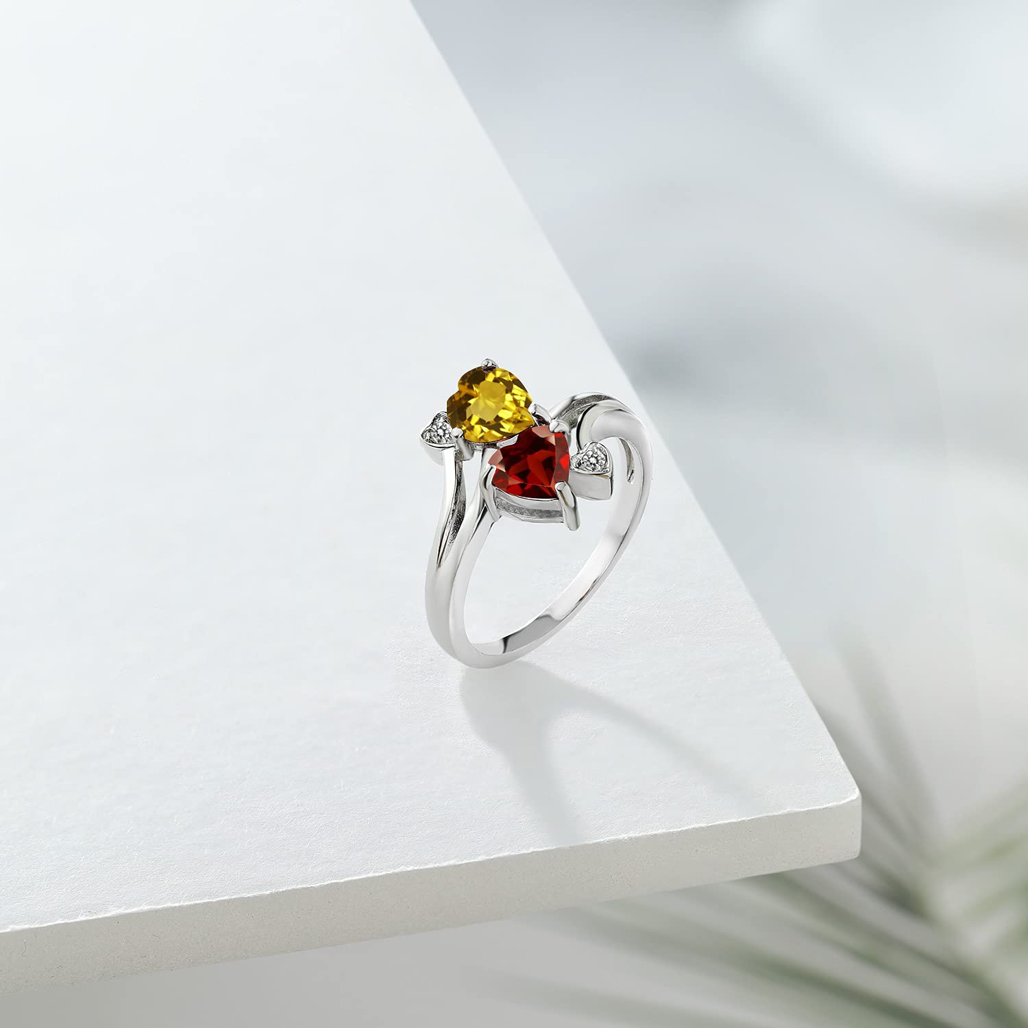 Gem Stone King 925 Sterling Silver Yellow Citrine Red Garnet and White Diamond Ring For Women (1.63 Cttw, Heart Shape 6MM, Gemstone November Birthstone, Available In Size 5, 6, 7, 8, 9)