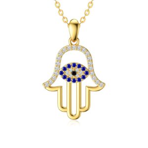 hamsa hand pendant necklace for women, real 14k gold evil eye pendant with shiny sapphire lucky protection jewelry for her, wife, mom, girlfriend, 18"