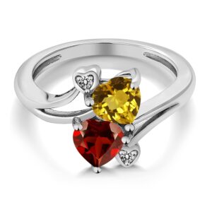 Gem Stone King 925 Sterling Silver Yellow Citrine Red Garnet and White Diamond Ring For Women (1.63 Cttw, Heart Shape 6MM, Gemstone November Birthstone, Available In Size 5, 6, 7, 8, 9)