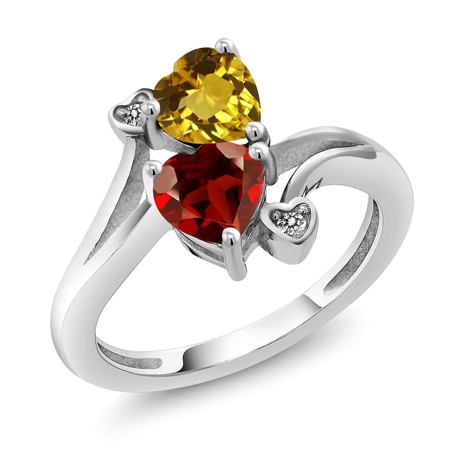 Gem Stone King 925 Sterling Silver Yellow Citrine Red Garnet and White Diamond Ring For Women (1.63 Cttw, Heart Shape 6MM, Gemstone November Birthstone, Available In Size 5, 6, 7, 8, 9)