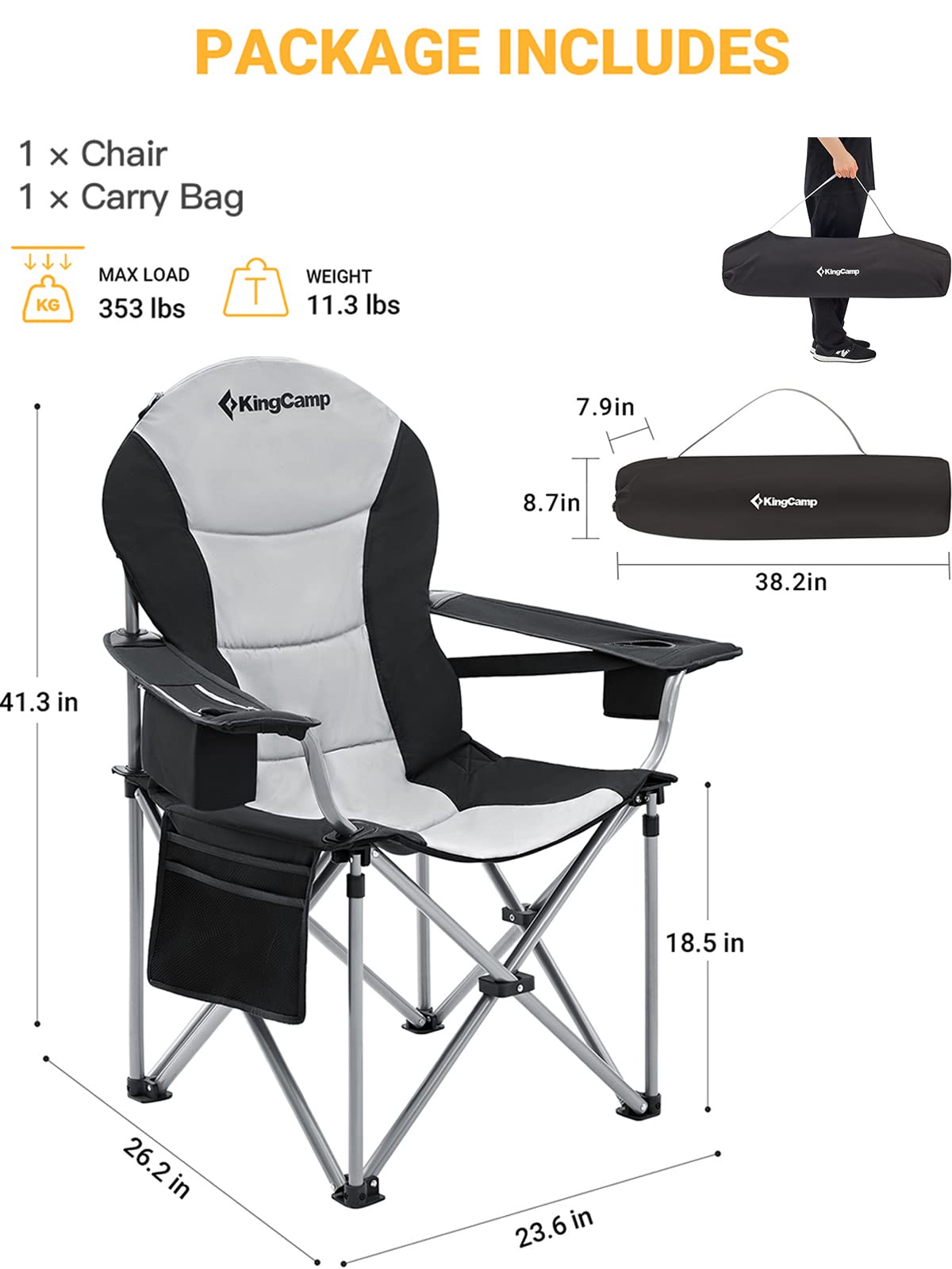 KingCamp KC2008_Black/MediumGrey-US Camping Chair, Oversized, Black&MediumGrey(Set of 2)