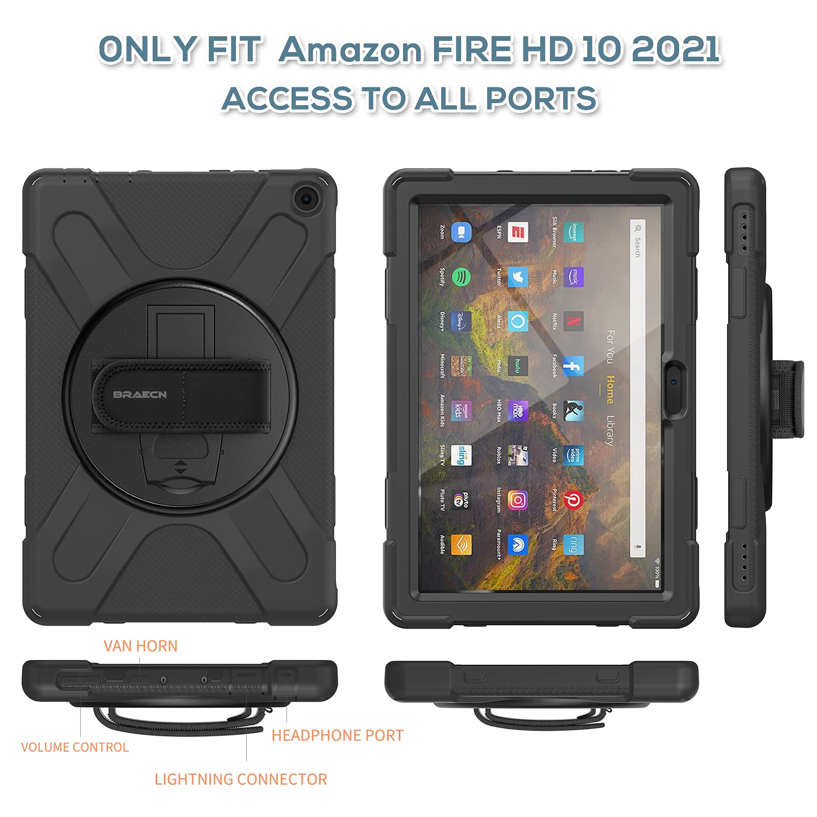 BRAECN Fire HD 10/HD 10 Plus 11th Generation 2021 Case,Heavy Duty Shockproof Protective Case with Rotating Hand Strap,Carrying Shoulder Strap,Kickstand for Amazon Fire HD 10 / HD 10 Plus Tablet-Black