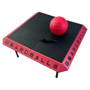 boardball sport portable foldable indoor outdoor boardball game set with rubberized top surface board, volleyball, and hand pump, red and black