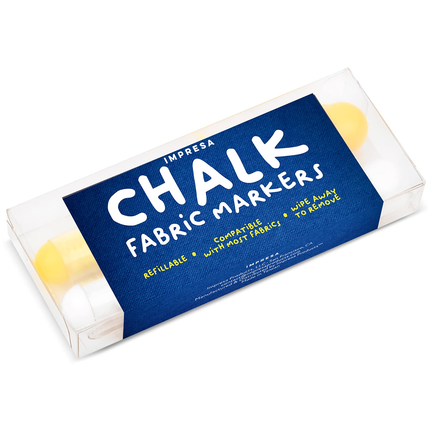 IMPRESA [2 Pack] Fabric Chalk Markers for Sewing & Quilting-White & Yellow Sewing Chalk for Fabric for Easy & Consistent Erasable Marking - Tailors Chalk for Fabric Marking - Refillable Chalk Pencils