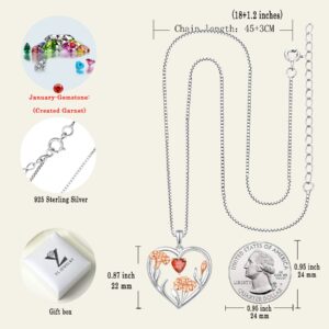 YL Birth Flower Necklace 925 Sterling Silver Love Heart Carnation Flower Pendant Created Garnet Jewelry for Women