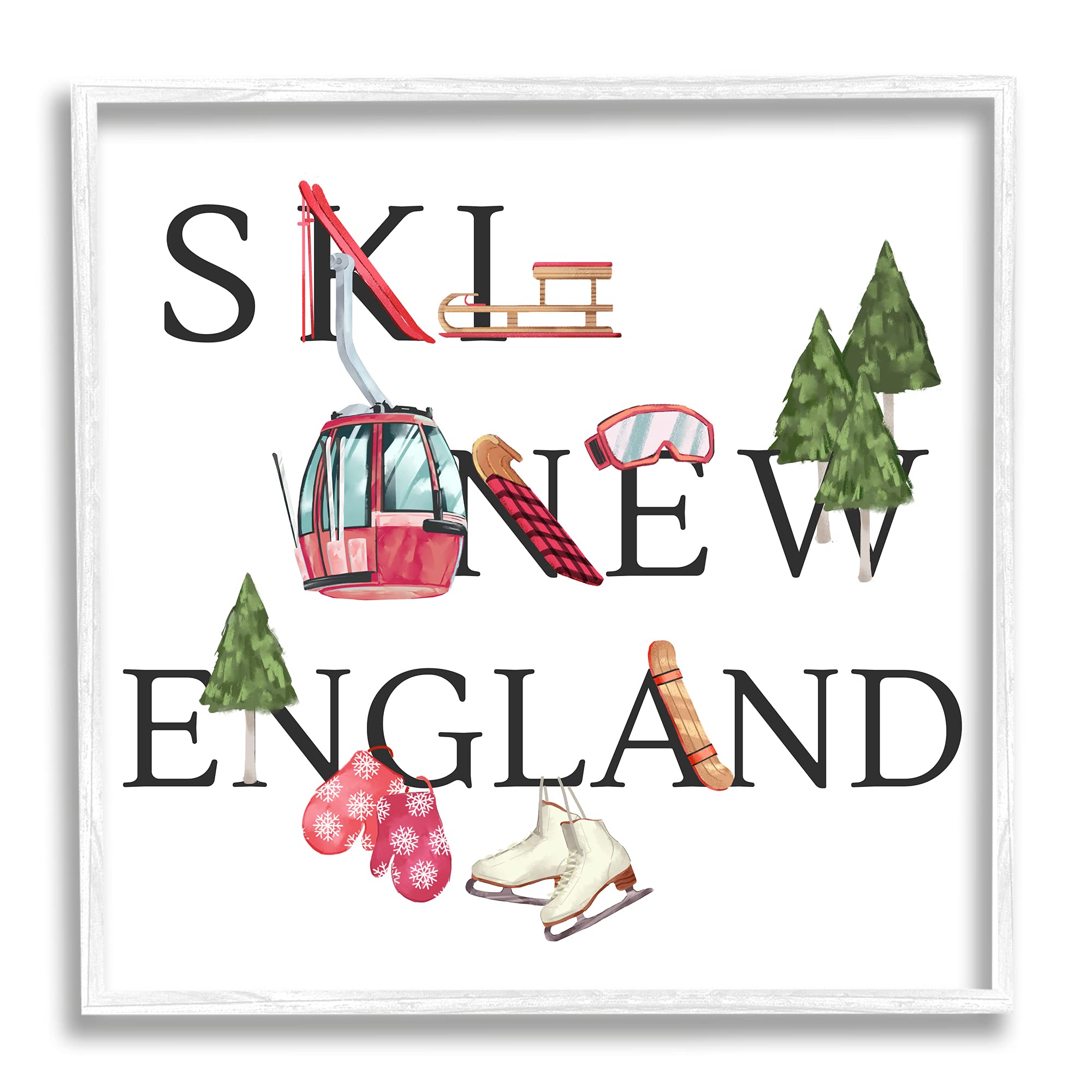 Stupell Industries New England Ski Winter Seasonal Mountain Sports, Designed by Ziwei Li White Framed Wall Art, 12 x 12, Red