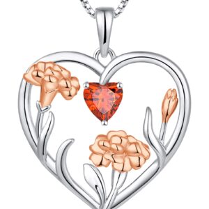 YL Birth Flower Necklace 925 Sterling Silver Love Heart Carnation Flower Pendant Created Garnet Jewelry for Women